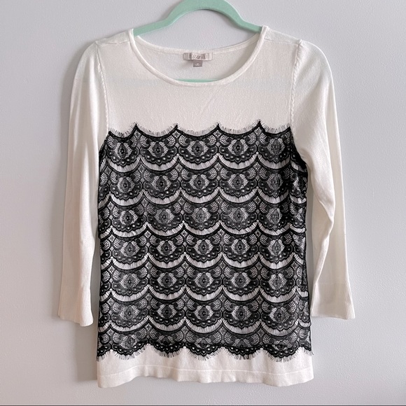 Roz & Ali | Sweaters | Roz Ali White Black Lace Sweater | Poshmark